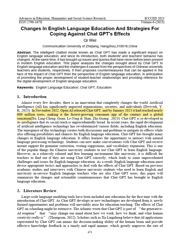 Changes in English Language Education and Strategies For Coping Against Chat GPT's Effects | PDF ...