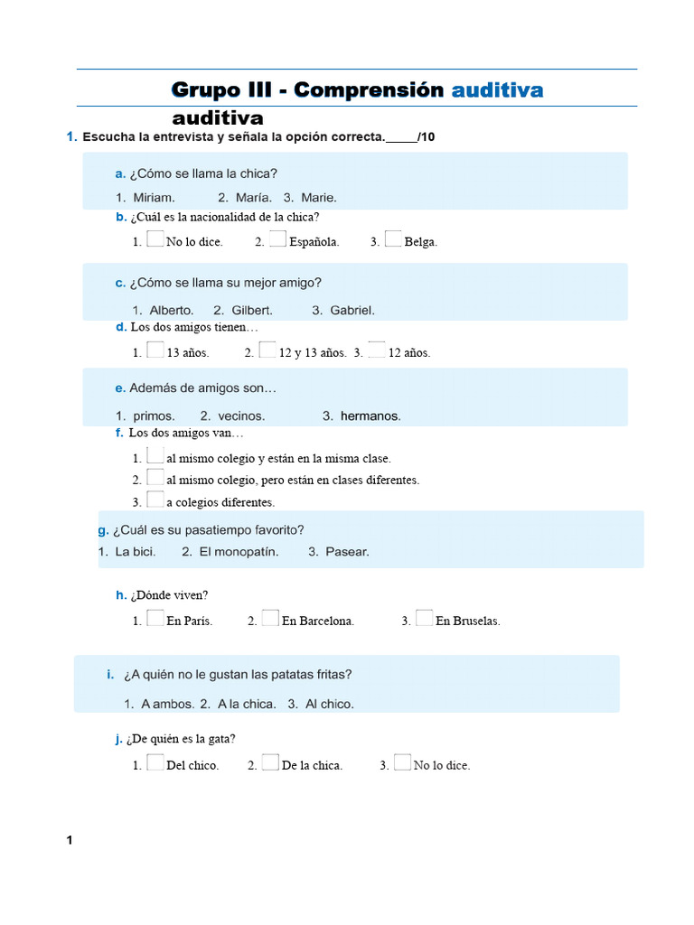 Comprensión Auditiva y Lectora: Ejercicios y Respuestas | PDF | Artes ...