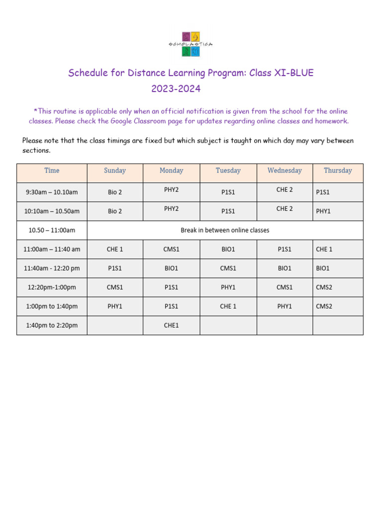 Daily Schedule For Distance Learning - Class XI-Blue | PDF