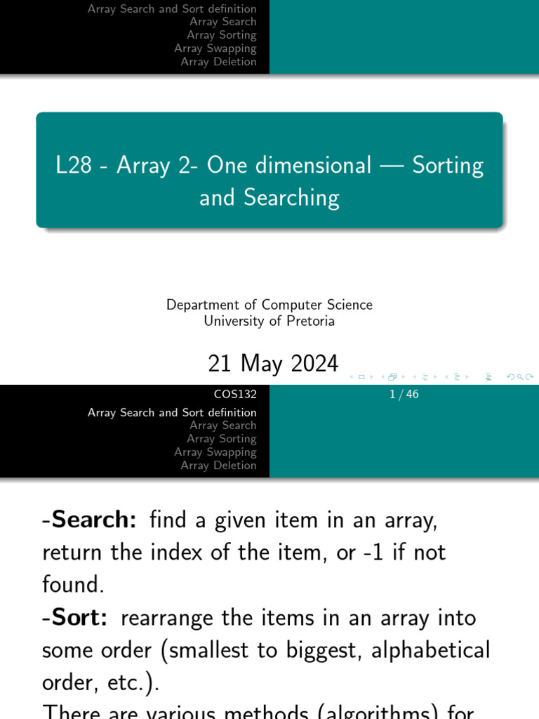 L28 Arrays 2 One Dimensional Sorting and Searching | PDF | Information Retrieval | Computer Data
