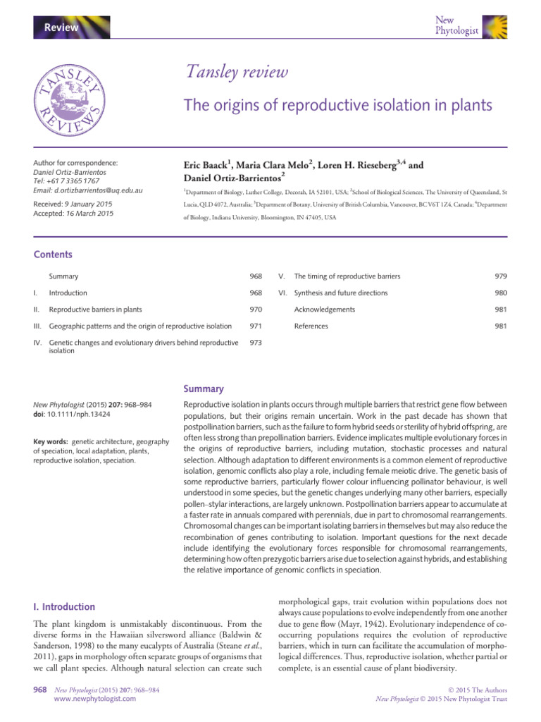 Baack Et Al (2015) The Origins of Reproductive Isolation in Plants ...