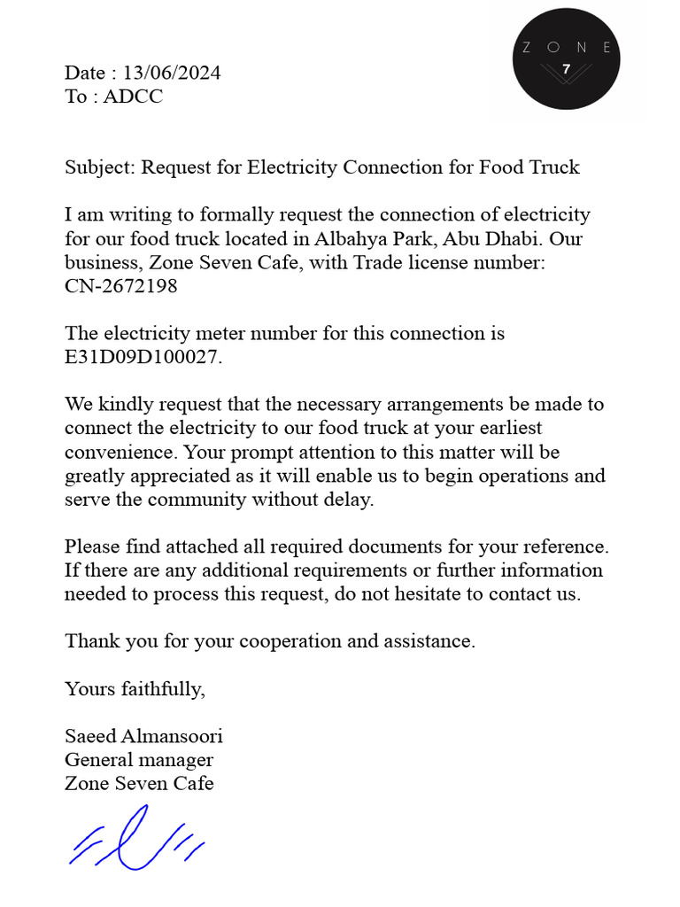 Electricity Connection Request for Food Truck | PDF