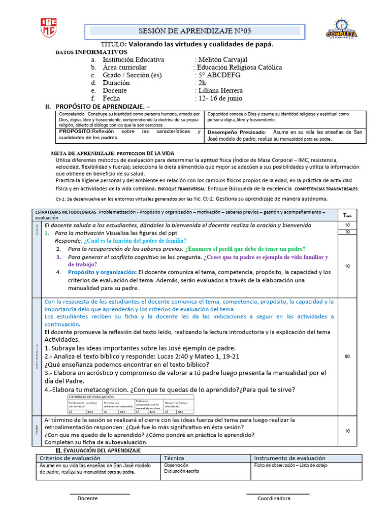 5° Sesion N°5 Valoramos Las Virtudes y Cualidades de Mi Papá. Lunes 12 Junio | PDF | Evaluación ...
