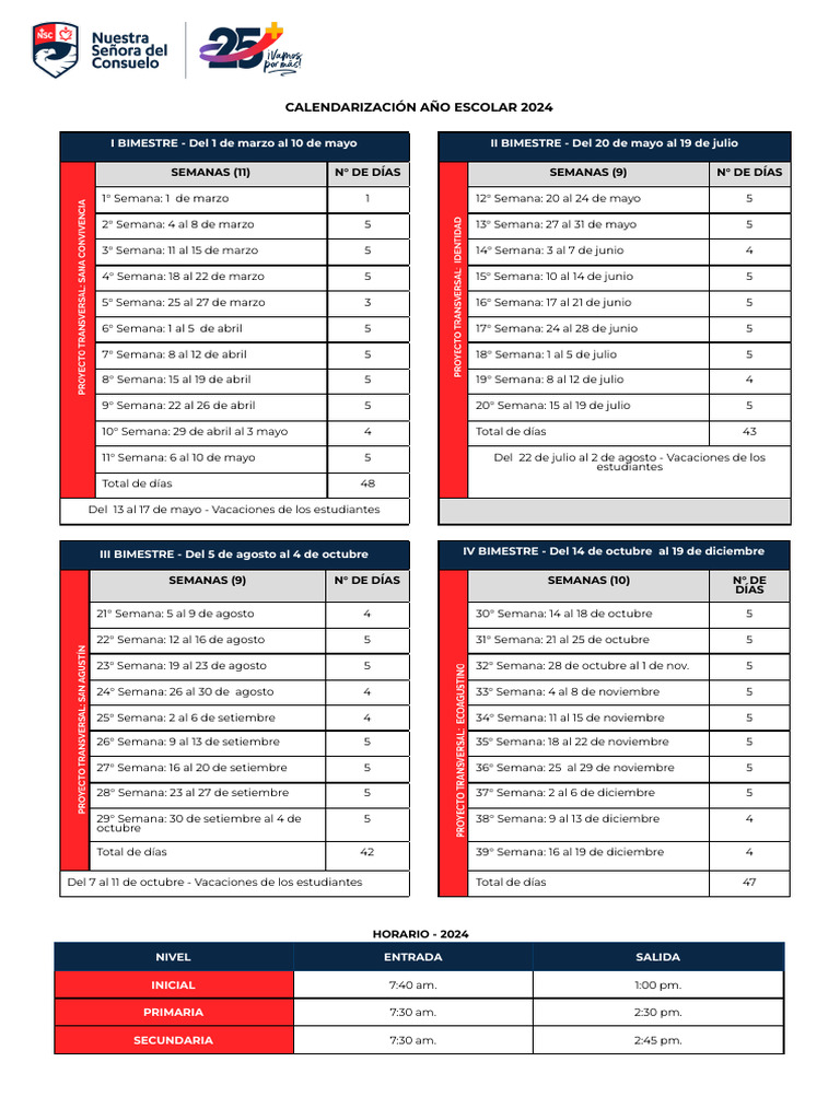 Calendarización Del Año Lectivo y Horario 2024 | PDF
