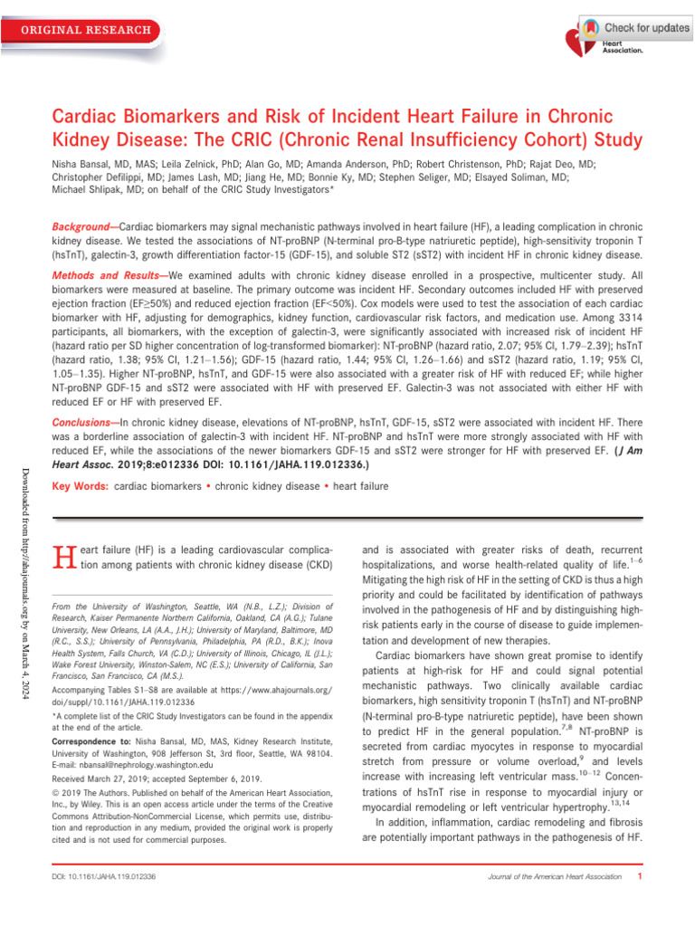 Bansal Et Al 2019 Cardiac Biomarkers and Risk of Incident Heart Failure in Chronic Kidney ...