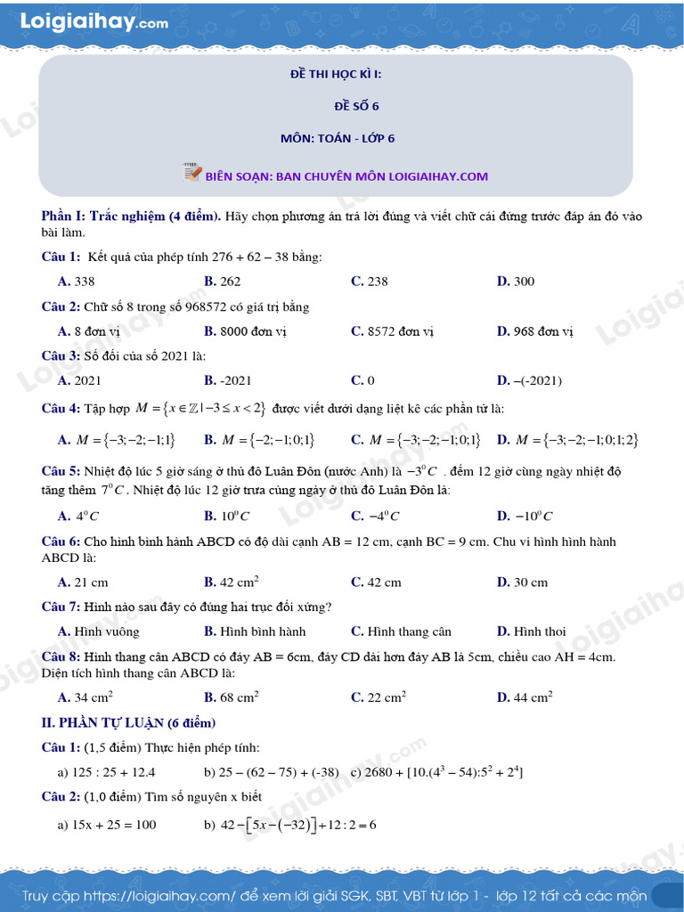 De Kiem Tra Hoc Ki 1 Toan 6 de So 6 Ket Noi Tri Thuc 1670833698 | PDF
