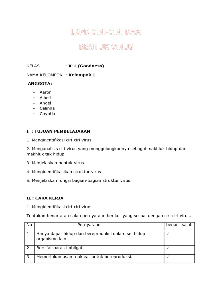 LKPD Ciri Ciri Dan Bentuk Virus | PDF LKPD Ciri Ciri Dan Bentuk Virus | PDF