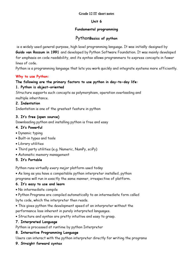 It Note Unit 6 Grade 12 Pdf Python Programming Language Parameter Computer Programming