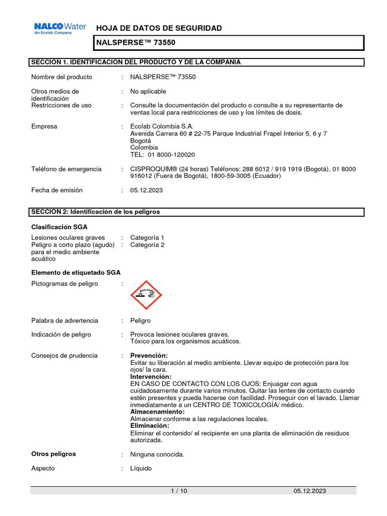Nalco 73550 | PDF | Agua | Guante