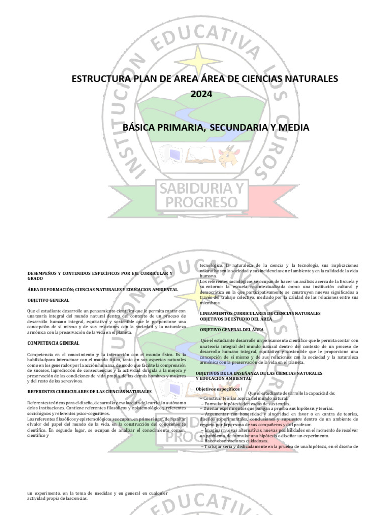 Plan de Area Ciencias Naturales Primaria, Básica Secundaria y Media 2024 | PDF | Biología ...