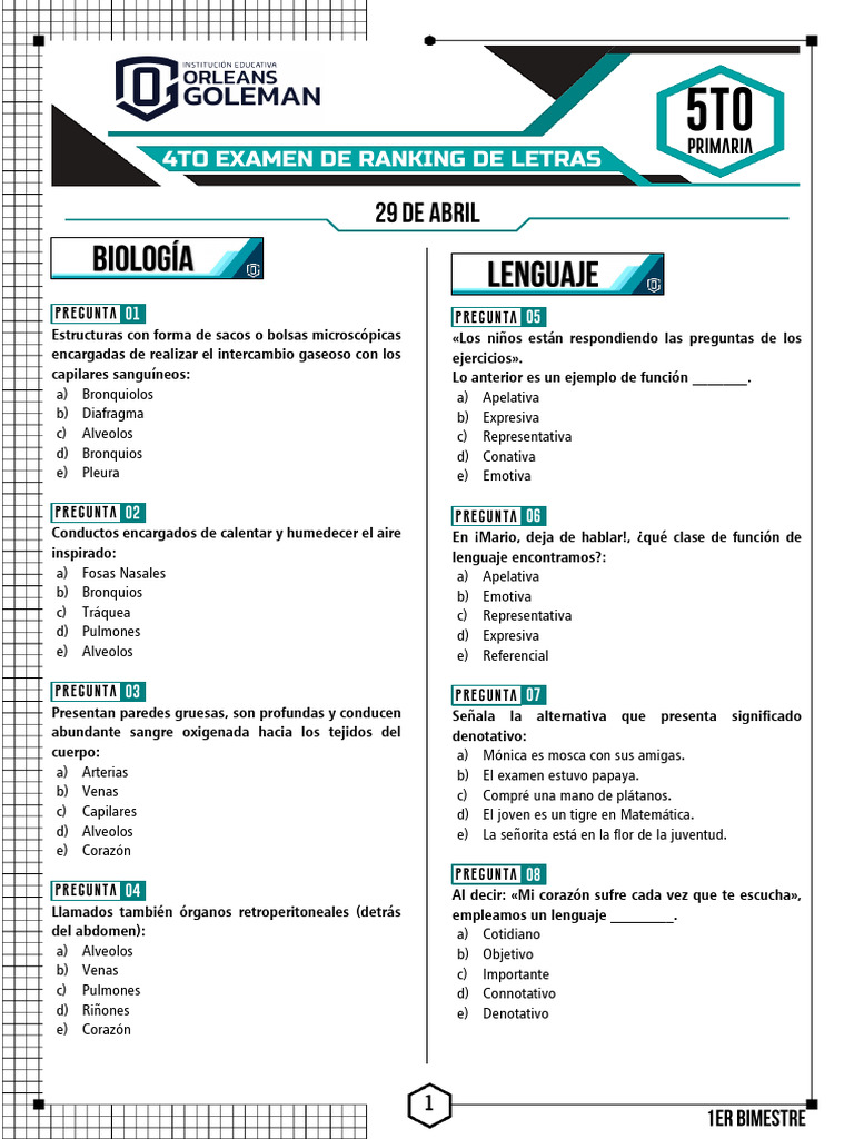 5to Primaria - 4to Examen Letras - 29 de Abril | PDF
