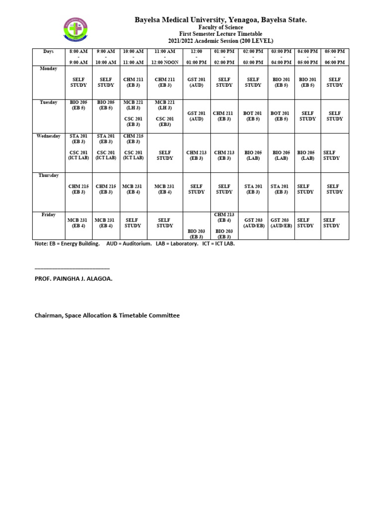 200l 2021-2022 Ist Semester Timetable | PDF