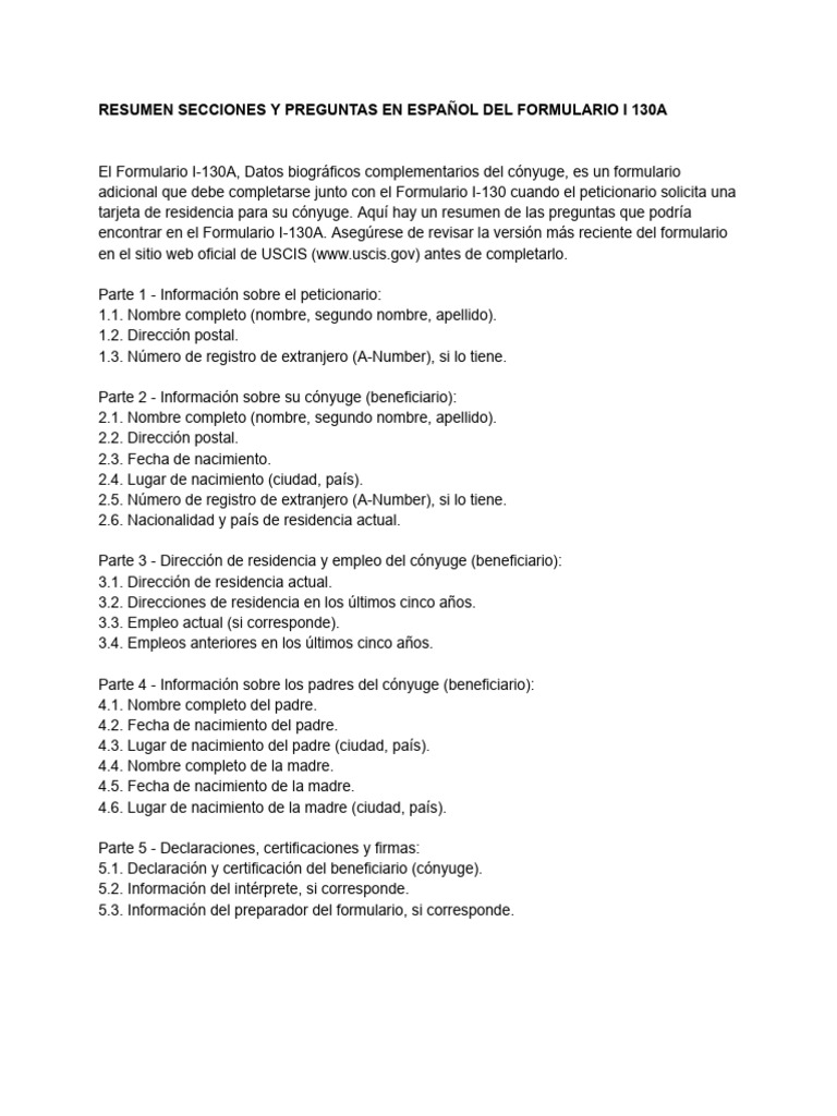 Resumen del Formulario I-130A en Español | PDF