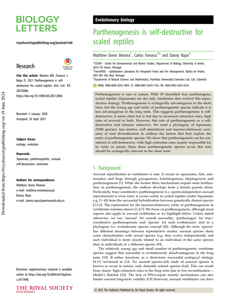 Moreira Et Al (2021) Parthenogenesis Is Self-Destructive For Scaled ...