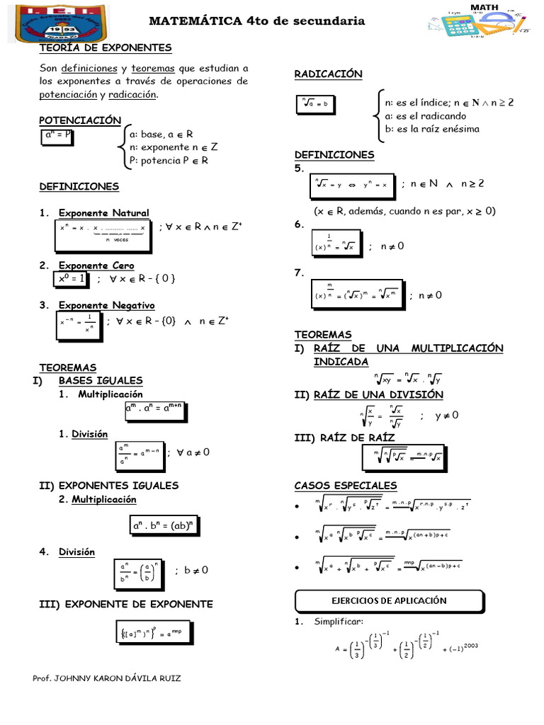 Teoría de Exponentes en Matemática 4to Secundaria | PDF ...