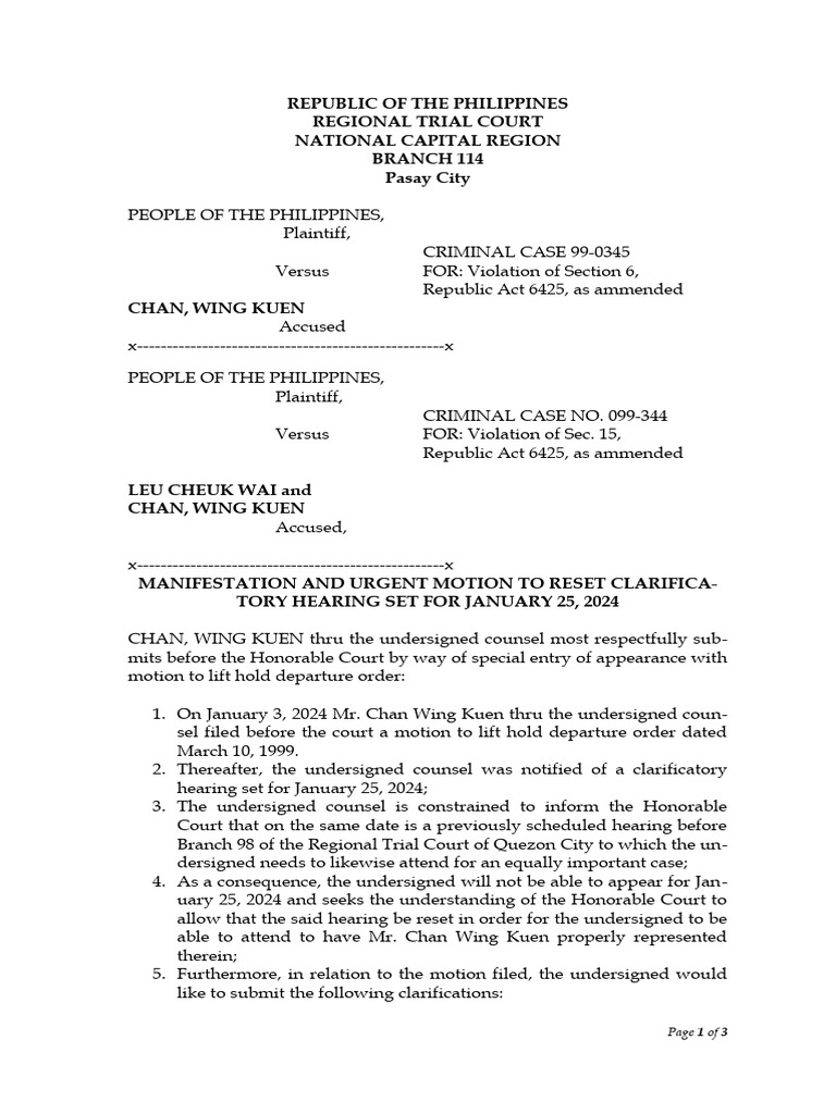Motion to Lift Hold Departure Order | PDF | Criminal Law | Legal Procedure
