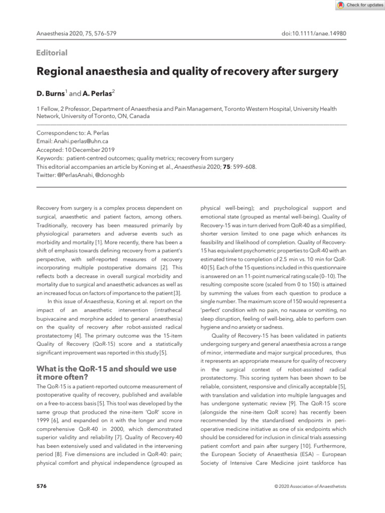 Anaesthesia - 2020 - Burns - Regional Anaesthesia and Quality of ...