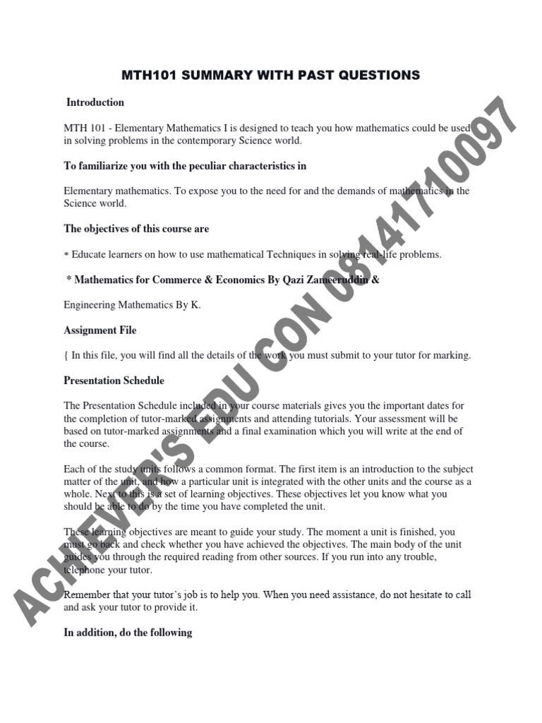 Mth101 Summary With Past Questions - 240511 - 181401 | PDF | Set (Mathematics) | Rational Number