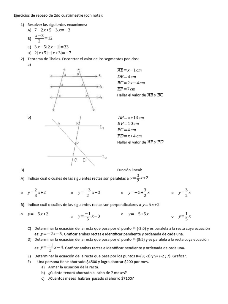 Ejercicios de Repaso de 2do Cuatrimestre | PDF | Pendiente | Conceptos matemáticos