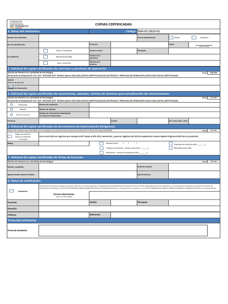 Formulario-Copias-certificadas ANT | PDF | Placa de matrícula del vehículo