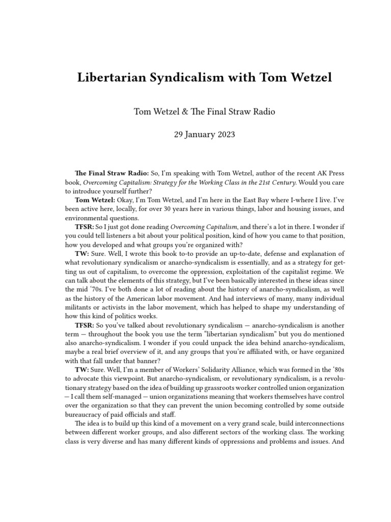 Tom Wetzel The Final Straw Radio Libertarian Syndicalism With Tom ...