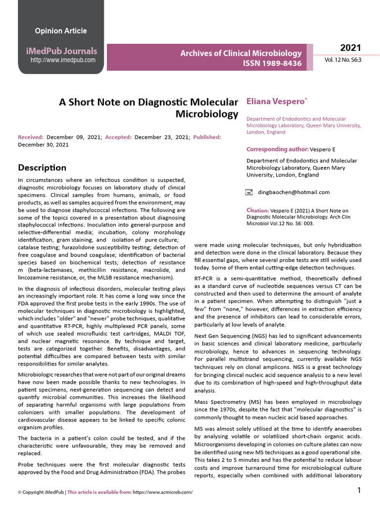 A Short Note on Diagnostic Molecular Microbiology | Download Free PDF ...