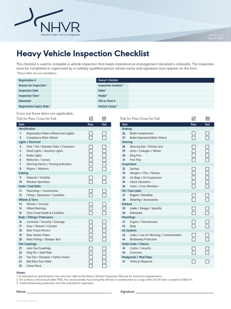 1202 Nhvas Heavy Vehicle Inspection Checklist | PDF | Vehicles | Truck