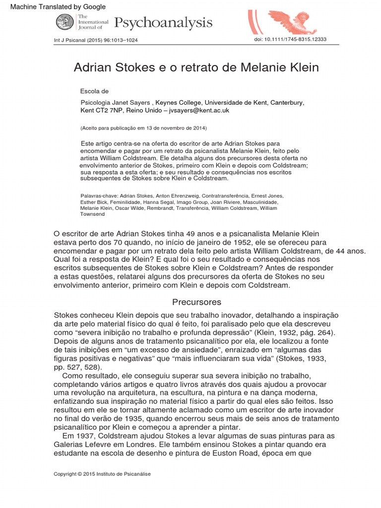Adrian Stokes and the portrait of Melanie Klein | Download grátis PDF ...