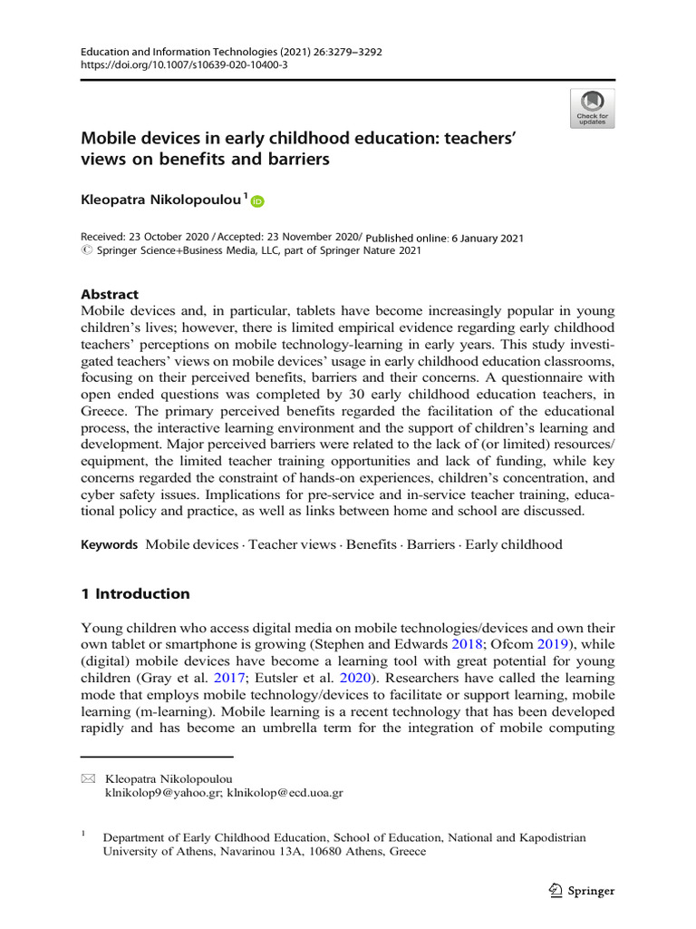 Mobile Devices in Early Childhood Education Teachers' Views on Benefits ...
