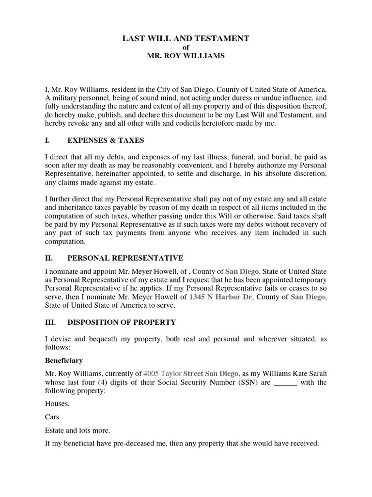 Roy Williams Last Will and Testament | PDF | Will And Testament | Taxes