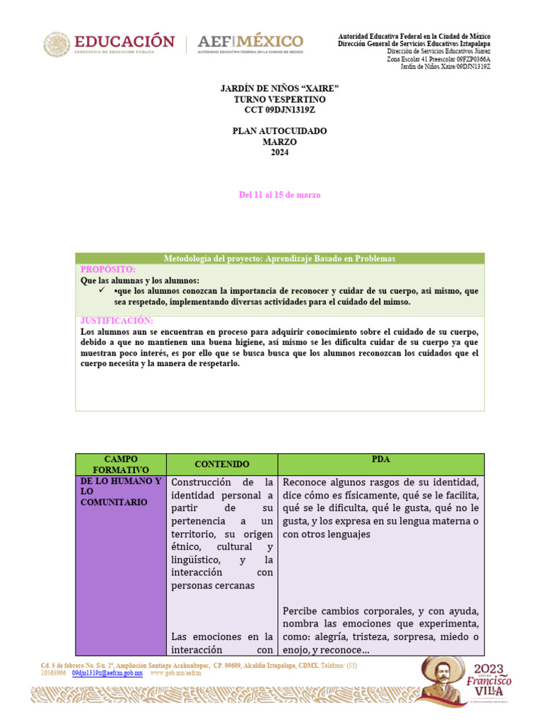 Plan Autocuidado Preescolar Iztapalapa | PDF | Educación de la primera ...