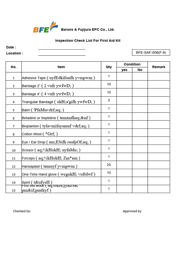 5.8 Inspection Check List For First Aid Kit BFE-SAF-008 (F8) | PDF ...