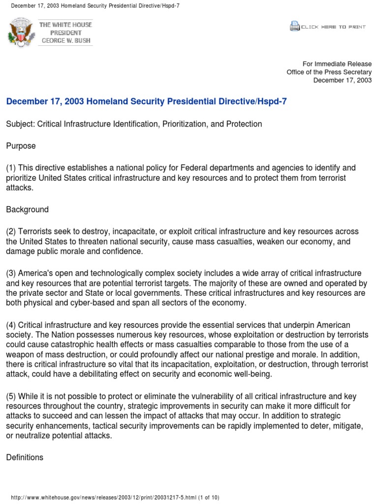 December 17, 2003 Homeland Security Presidential Directive/Hspd-7 | PDF ...