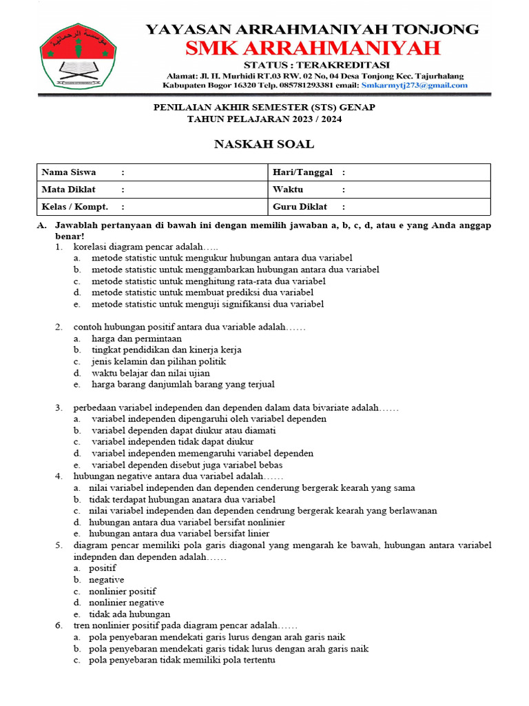 BLANGKO SOAL STS MTK Kelas XI GENAP 2024 | PDF