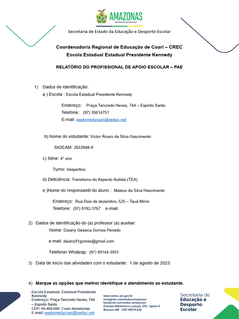 Relatório PAE - Modelo Loga Alvaro | PDF | Alfabetização | Pedagogia