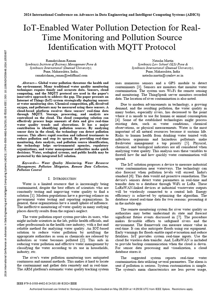 Water Pollution Detection Pdf Water Quality Internet Of Things