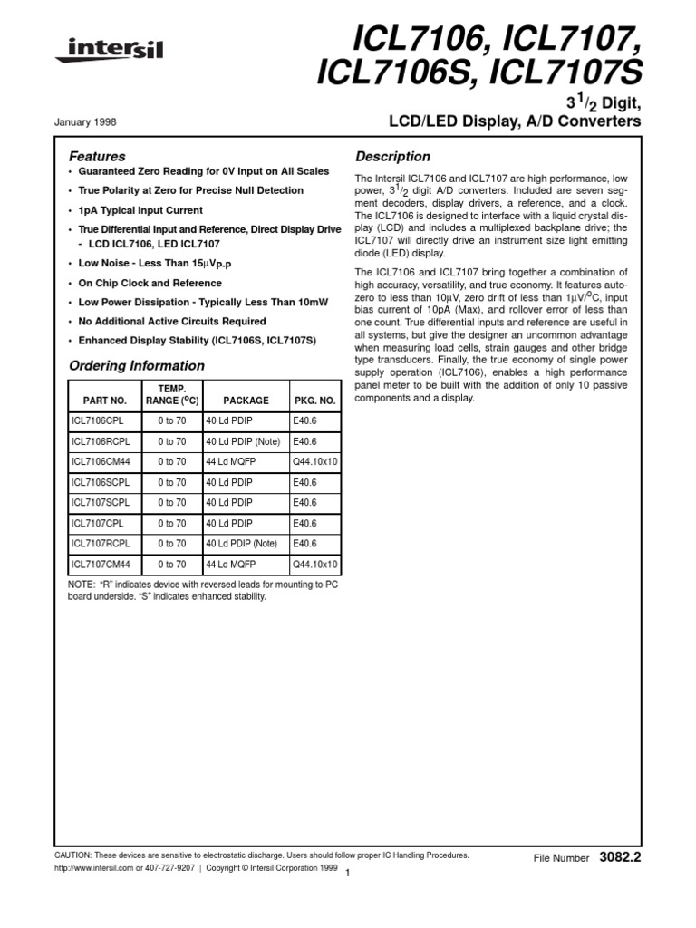 ICL7106, ICL7107, ICL7106S, ICL7107S: 3 / Digit, LCD/LED Display, A/D Converters | PDF | Analog ...