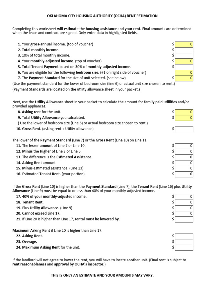 Ocha Rent Calculation Worksheet | PDF | Renting | Leasehold Estate