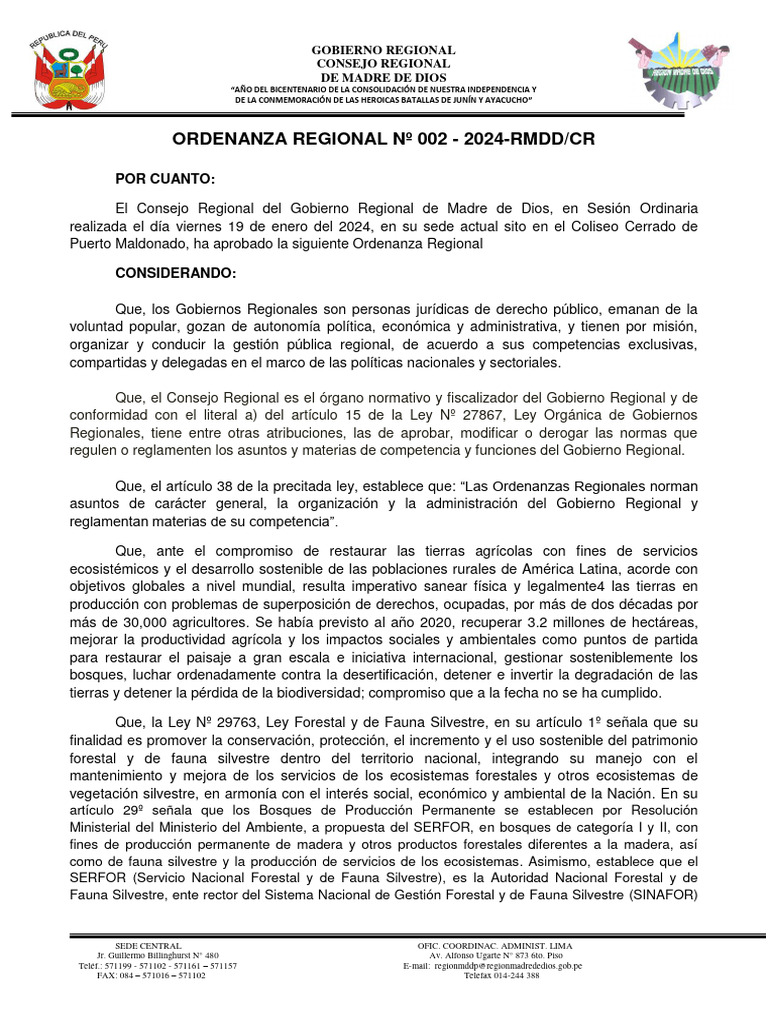 Ordenanza Regional 002-2024 | PDF | Los bosques | Agricultura