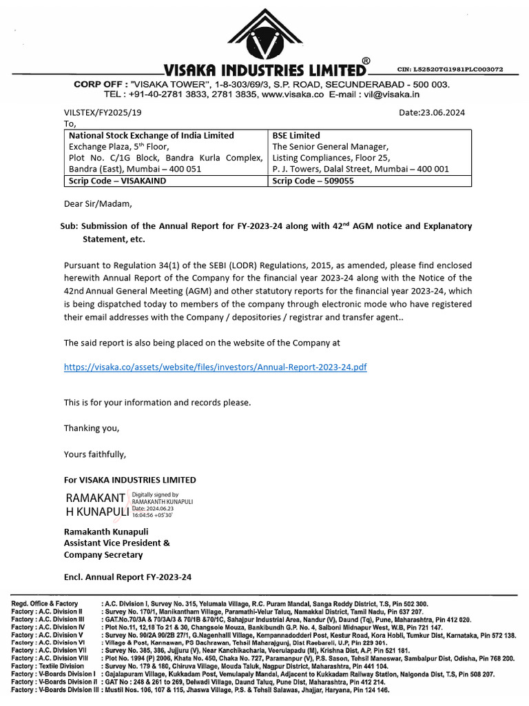 Annual Report Visaka Industries Limited | PDF | Textiles | Supply Chain