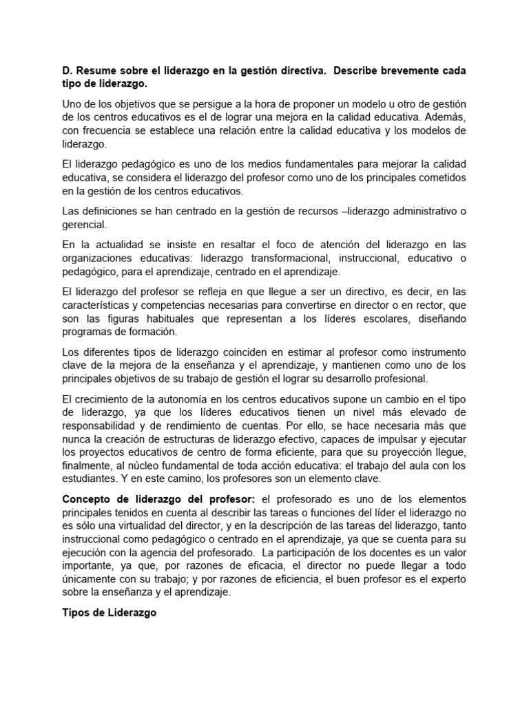Resumen Del Liderazgo en La Gestion Directiva | Descargar gratis PDF ...