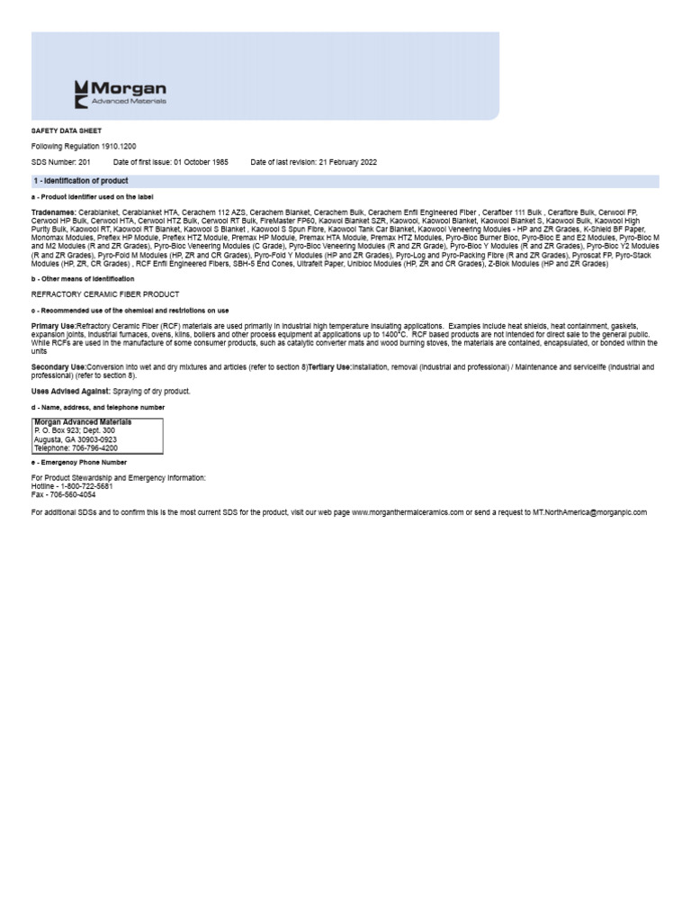 MSDS-Cerablanket Ceramic Fiber Morgan | Download Free PDF | Dangerous Goods | Personal ...