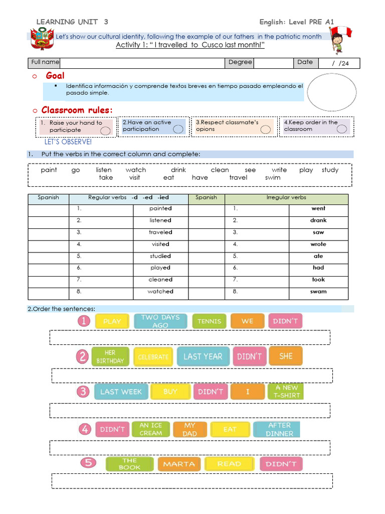 Act. 1-Level Pre A1 - Unit 3 | PDF | Morphology | Semantic Units