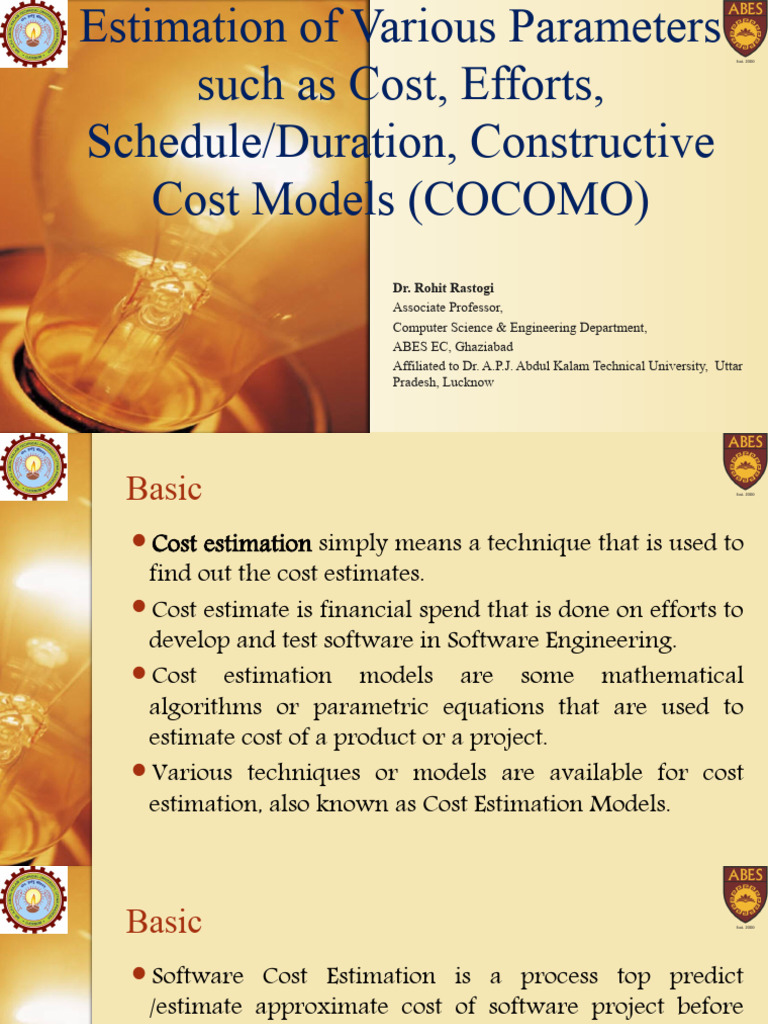 Uint 5 Topic 9 Estimation of Various Parameters Such As Cost Efforts Schedule Duration ...