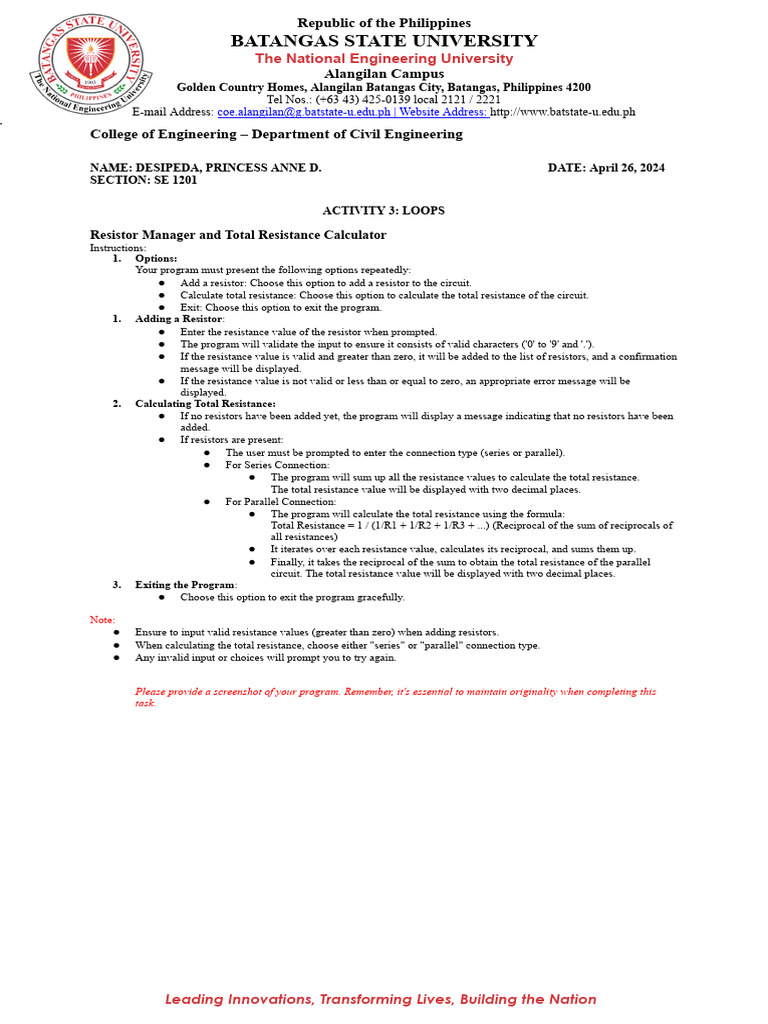 ACTIVITY 3 CPE 401 | PDF | Resistor | Electrical Resistance And Conductance