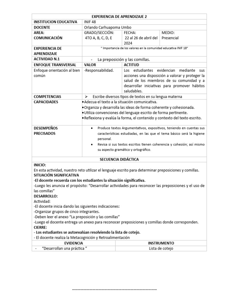 Experiencia de Aprendizaje 2-2024 | PDF | Aprendizaje | Comunicación