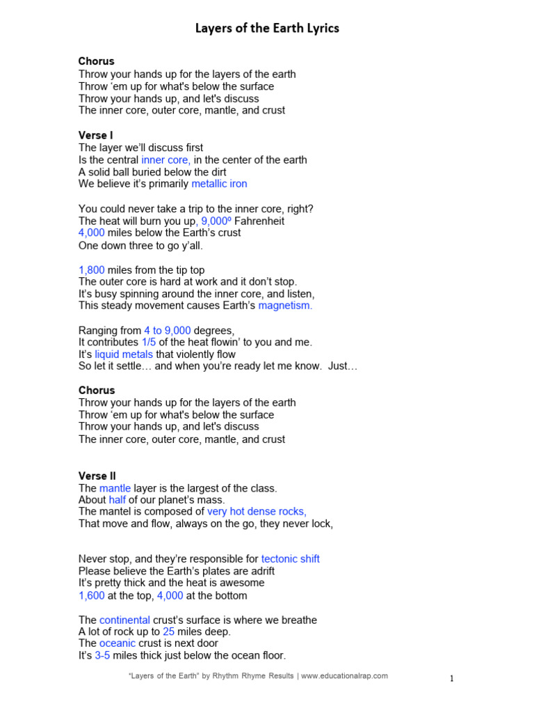 Layers of The Earth Lyrics and Diagram | PDF | Science & Mathematics
