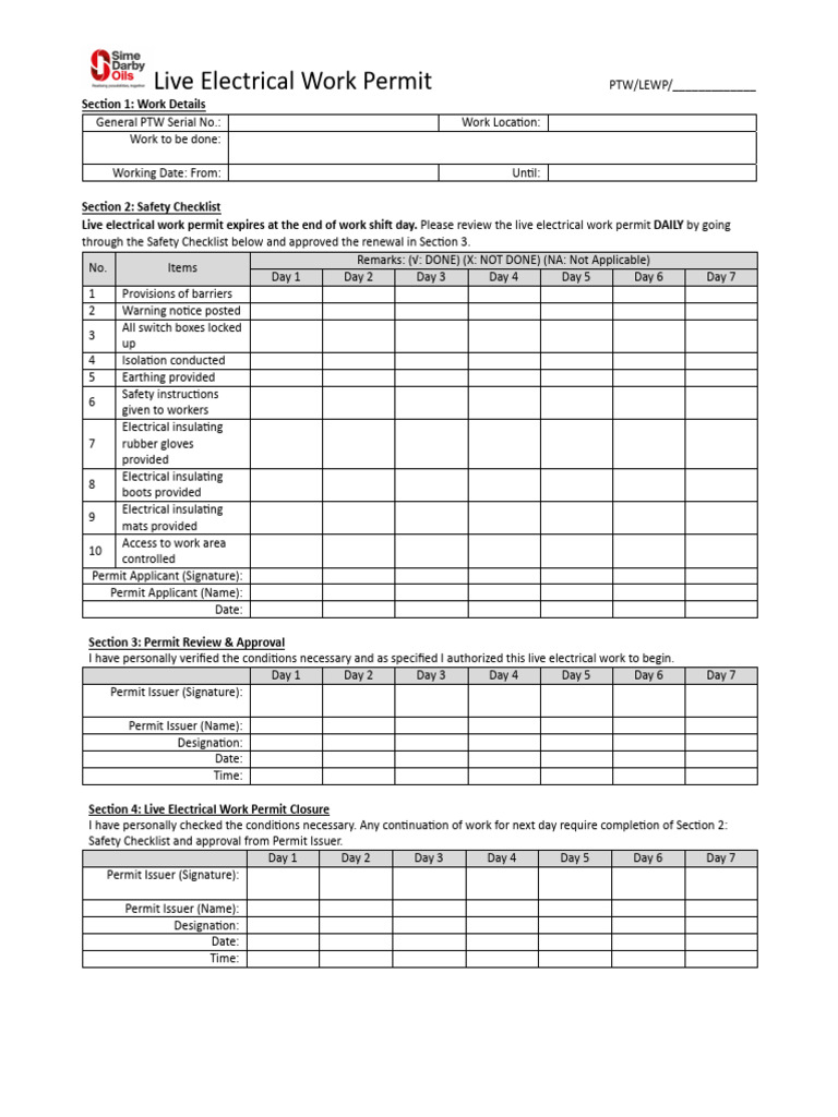 Live Electrical Work Permit Template | PDF