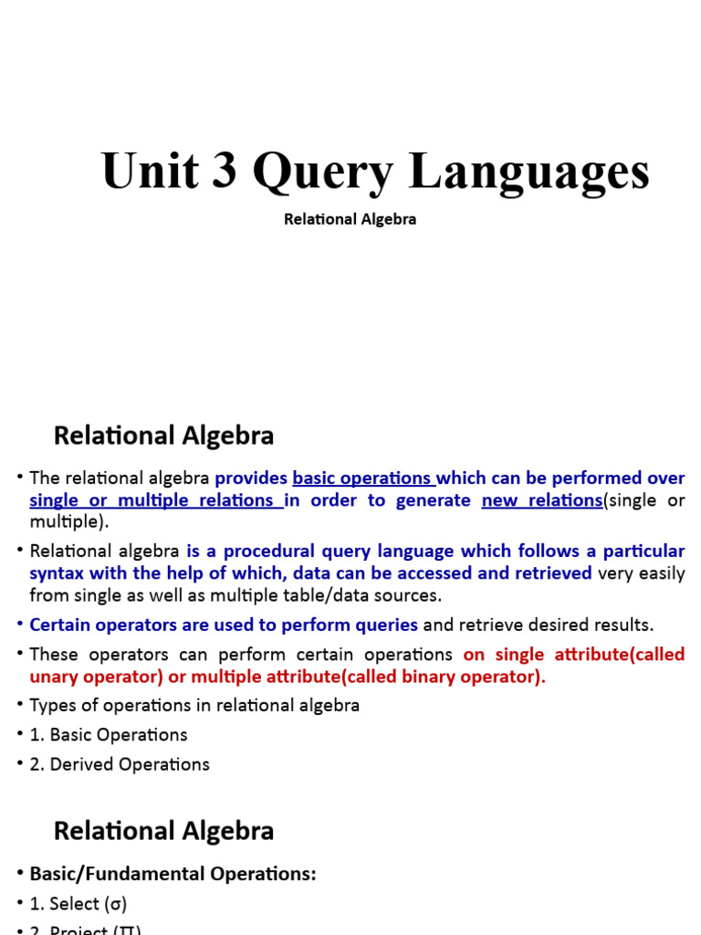 Unit 3 Query Languages 1 Relational Algebra | PDF | Relational Model | Mathematical Logic