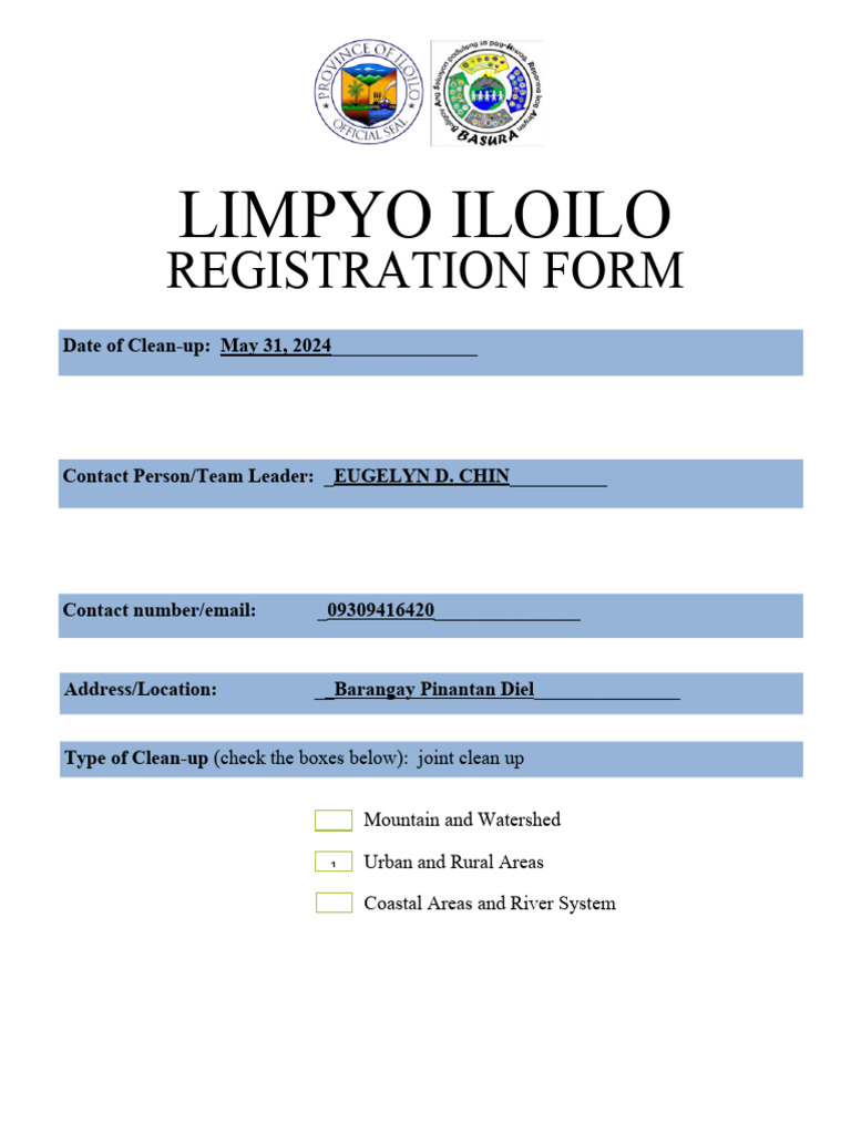 LIMPYO ILOILO Clean-Up Registration Form | PDF | Plastic | Bottle